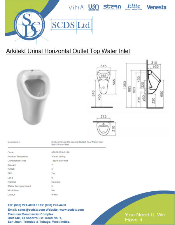 VitrA Arkitekt Urinal Horizontal Outlet Top Inlet 6202B003-0198 ...